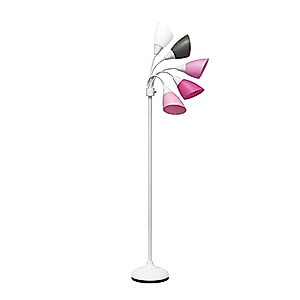 Simple Designs LF2006-WPG 67" Contemporary Multi Head Medusa 5 Light Adjustable Gooseneck White Floor Lamp with Pink, White, Gray Shades for Kids Bedroom Playroom Living Room Office, 30 x 10 x 67
