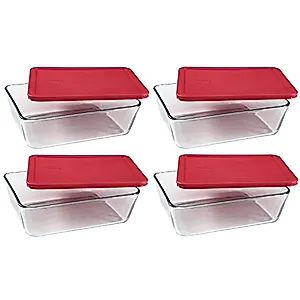 PYREX Containers Simply Store 6-cup Rectangular Glass Food Storage Red Plastic Covers ... (Pack of 4 Containers)