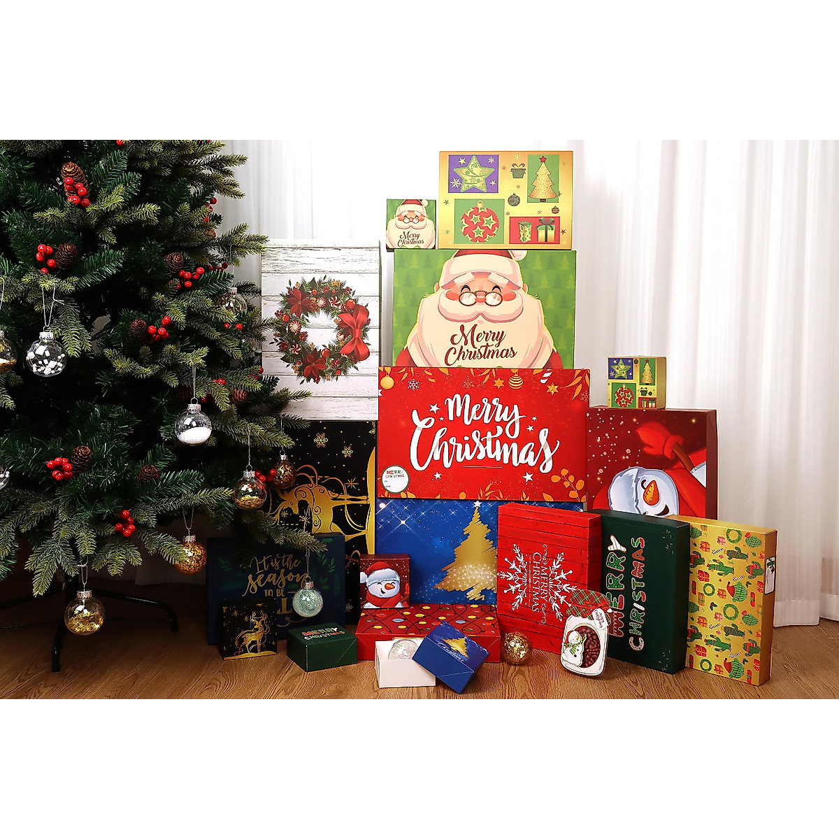 18 Gift Boxes with Lids for Presents, Assorted Christmas Wrapping Boxes for Extra Large Clothes, 12 Designs 4 Size Christmas Robes Shirt Box for Sweater, Xmas Holiday Present Box with 18 Gift Stickers