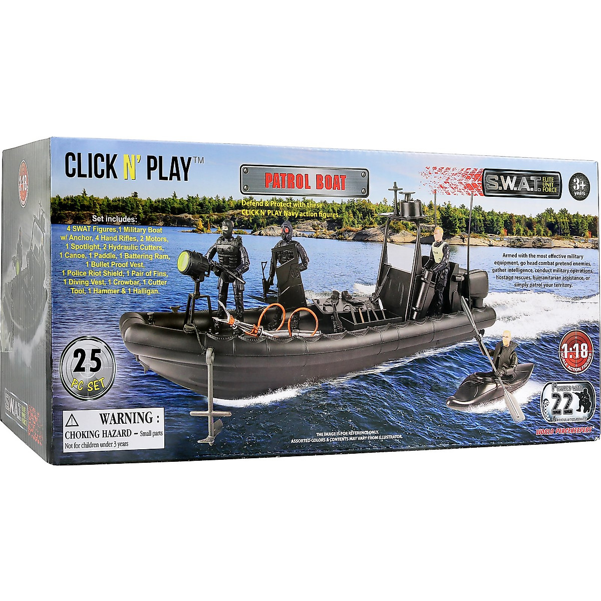 Click N’ Play Military Elite Swat Unit Force Patrol Dinghy Boat 25 Piece Play Set with Accessories - Click n Play Military Toy Boat - SWAT Toys