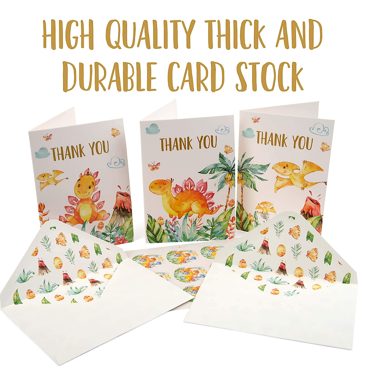VNS Creations Dinosaur Thank You Cards – 30 Cute Dinosaur Cards with Envelopes & Stickers for Kids Birthday, Toddler Thank You Notes, and Baby Shower Thank You Cards