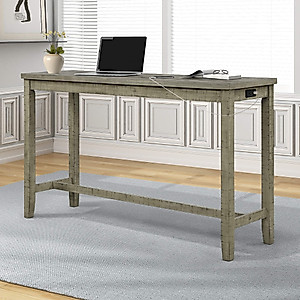 Merax 4-Piece Counter Height Bar Table Set with Socket and Fabric Padded Stools, Rustic Bar Dining Set, Gray Green