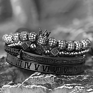 MollyQueen Imperial Crown King 18K Gold CZ Beads Bracelets Luxury Charm Fashion Bangle Royal Stacked Bracelet Set for Men Women With Luxury Box (00-4PCS Black)