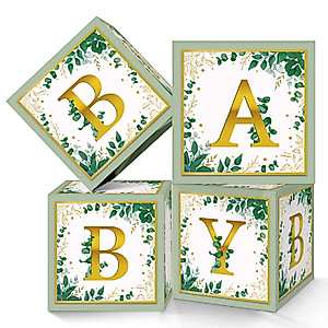 GOGOPARTY Sage Green Baby Shower Boxes, 4PCS Sage Green Gender Reveal Party Supplies Sage Green Party Centerpiece for Sage Green Baby Shower First Birthday Decorations (Without Flowers)