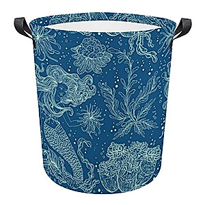 HoaMoya Collapsible Mermaids Corals Laundry Basket Summer Beach Freestanding Laundry Hamper With Handles Large Waterproof Cloth Toy Storage Bin for Household Bedroom Bathroom