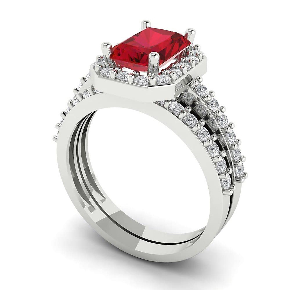 Clara Pucci 2.20ct Emerald Cut Halo Solitaire Simulated Ruby Engagement Promise Anniversary Bridal Ring Band set 18K White Gold 6.5