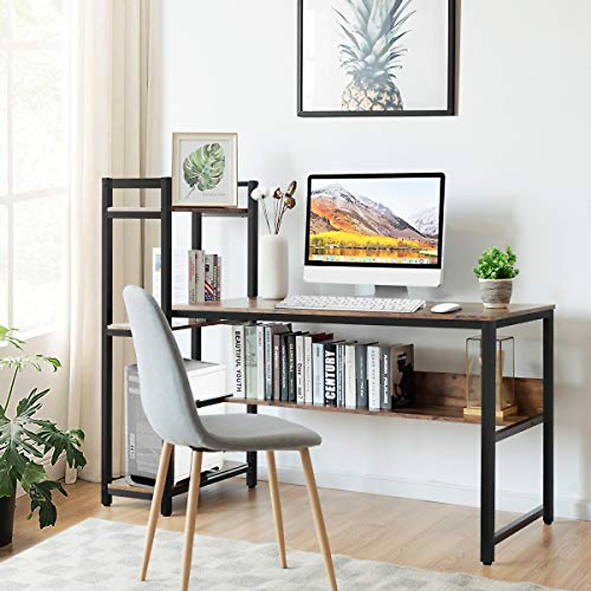 Tangkula 59-Inch Computer Desk with Bookshelf, Home Office Desk with Storage Bookshelf, Metal Frame & Adjustable Foot Pads, Space Saving Computer Workstation Study Writing Desk