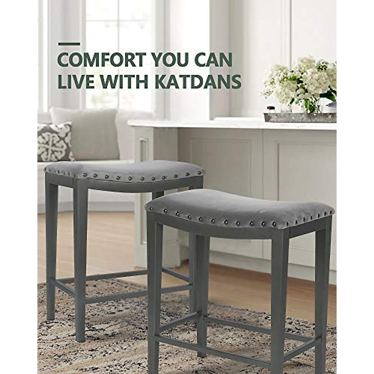 KATDANS Grey Bar Stools Set of 2 Counter Height 24 Inches Backless Barstools for Kitchen Counter Modern Saddle Stools Velvet Nailhead Upholstered Stools, KS718PN