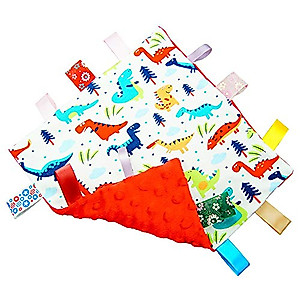 G-Tree Baby Comfort Blanket with Tag, Multi-Coloured Dinosaurs Tag, FOMUNI Taggy Blanket - Red Textured Underside
