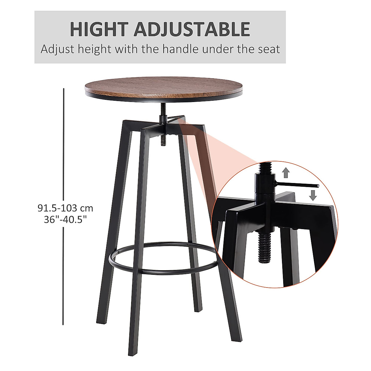 HOMCOM 3 Piece Industrial Adjustable Bar Table Set, Bar Height Bistro Table and Swivel Pub Stools for Small Space