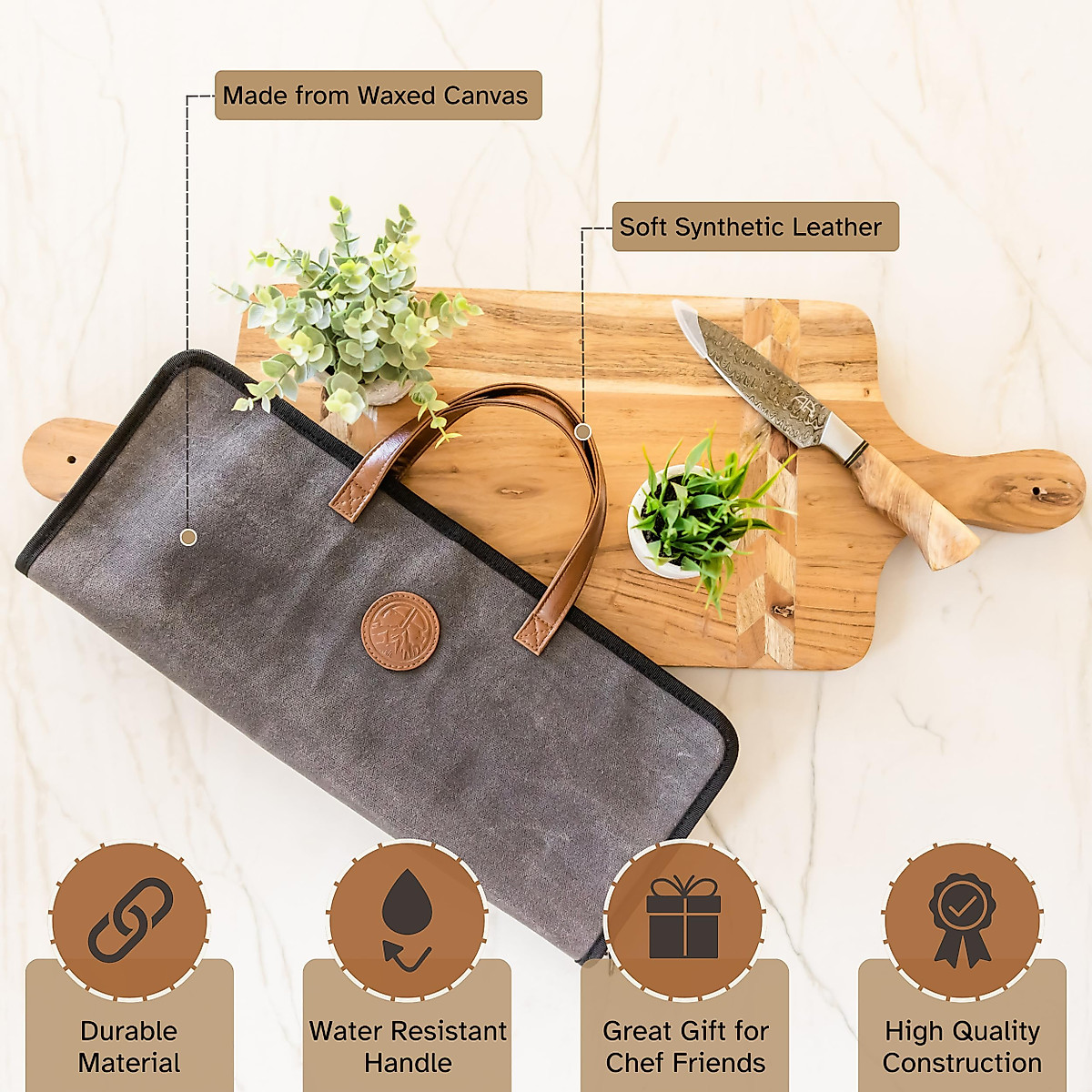 Knife Bag - Durable Waxed Canvas Chef Bag with zipper pocket & 5 slots for knives and kitchen tools, Knife roll for Knives & Kitchen Tools - Knife case for travel