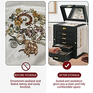 AKOZLIN Jewelry Box Organizer Functional Leather Jewelry Storage Case for Women Girls Ring Necklace Earring Bracelet Holder Organizer with Mirror Black