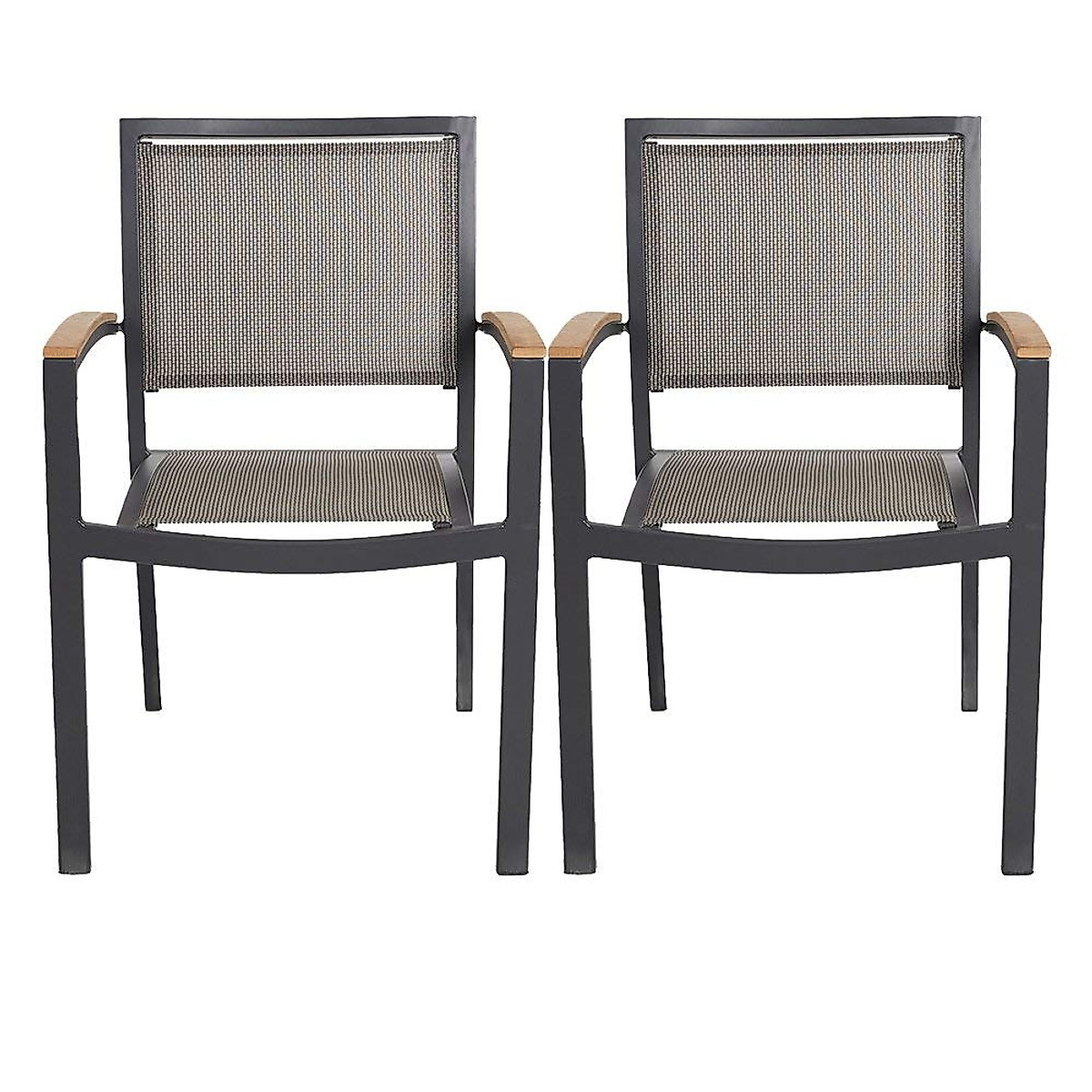 KARMAS PRODUCT 4 Pack Stackable Indoor/Outdoor Patio Dining Chairs with Teak Armrest,Textilene Mesh Fabric Aluminum Frame,Gray