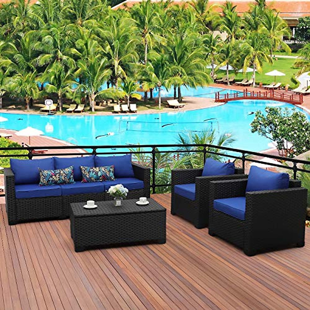 4 Pieces Patio PE Wicker Furniture Set Resin Rattan Outdoor Conversation Sofa Sets Sectional Couch with Table and Royal Blue Cushions