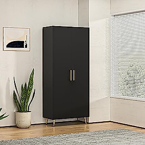 NOVAMAISON 69” Tall Storage Cabinet - Black Storage Cabinet w/ 2 Doors and Adjustable Shelves, Freestanding Kitchen Pantry w/Gold Handles and Legs, Wooden Wardrobe Cabinet for Bedroom, Laundry