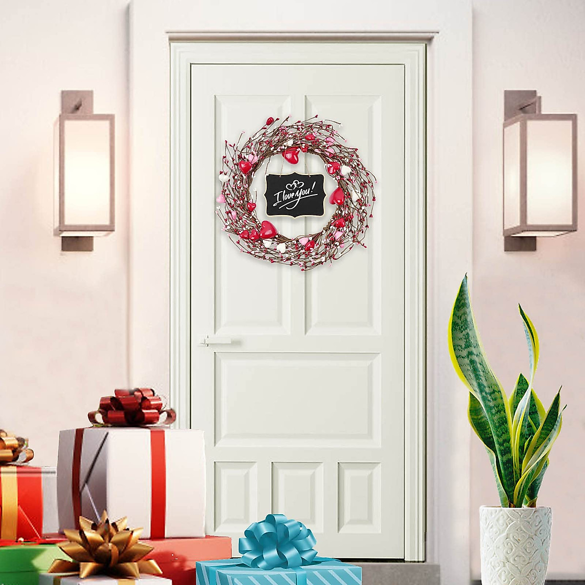 Mothers Day Decorations - 18'' Front Door Wreath, Heart Shaped Wreath Red Pip Berry Rustic Twig Wooden Sign Anniversary Wedding Home Office Wall Decorations (Red)