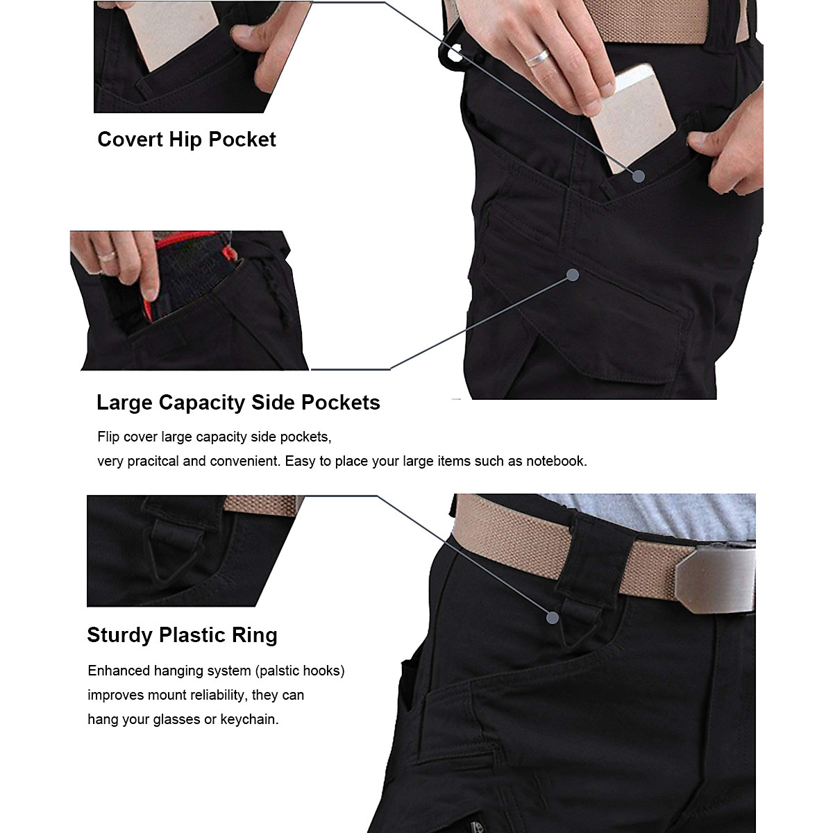 Susclude Men's Tactical Pants Stretch, 9 Pockets Rip Stop Lightweight Cargo Work Military Trousers Outdoor Hiking Pants Black 32Wx32L