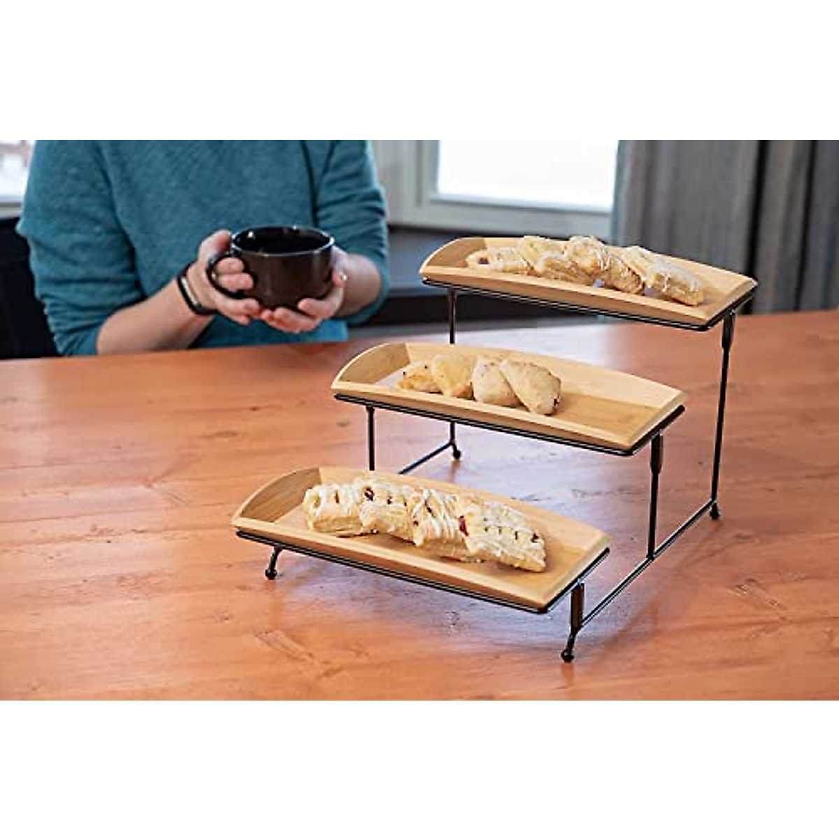 Nature's Kitchen Bamboo Wood Serving Tray Set for Dessert Coffee Appetizers, 3 Pack of 12 x 5.75 Inch Serving Platters