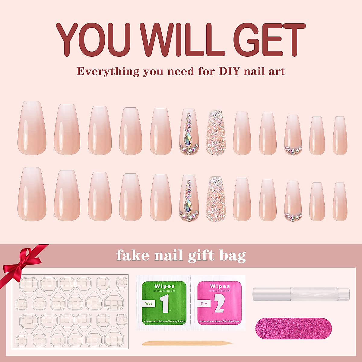 Yivaiks 24pcs Advanced Hand Made Glitter Gradient Pink Press on Nails Medium Length,Luxurious Crystal Gem Design Ballerina Long Coffin Fake Glue for Women Acrylic Perfect Accessory Banquets, Soirees, Parties(GD-004)