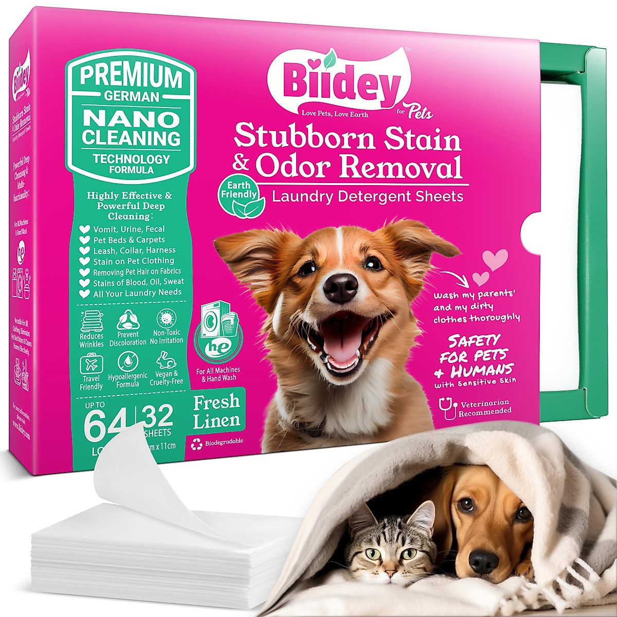 Biidey Pet Odor Stain Laundry Sheets and Eye Care Bundle - Laundry Detergent Sheets, Pet Hair Odor Eliminator Stain Remover, Dog Cat Eye Wash Wipes Tear Stain Remover