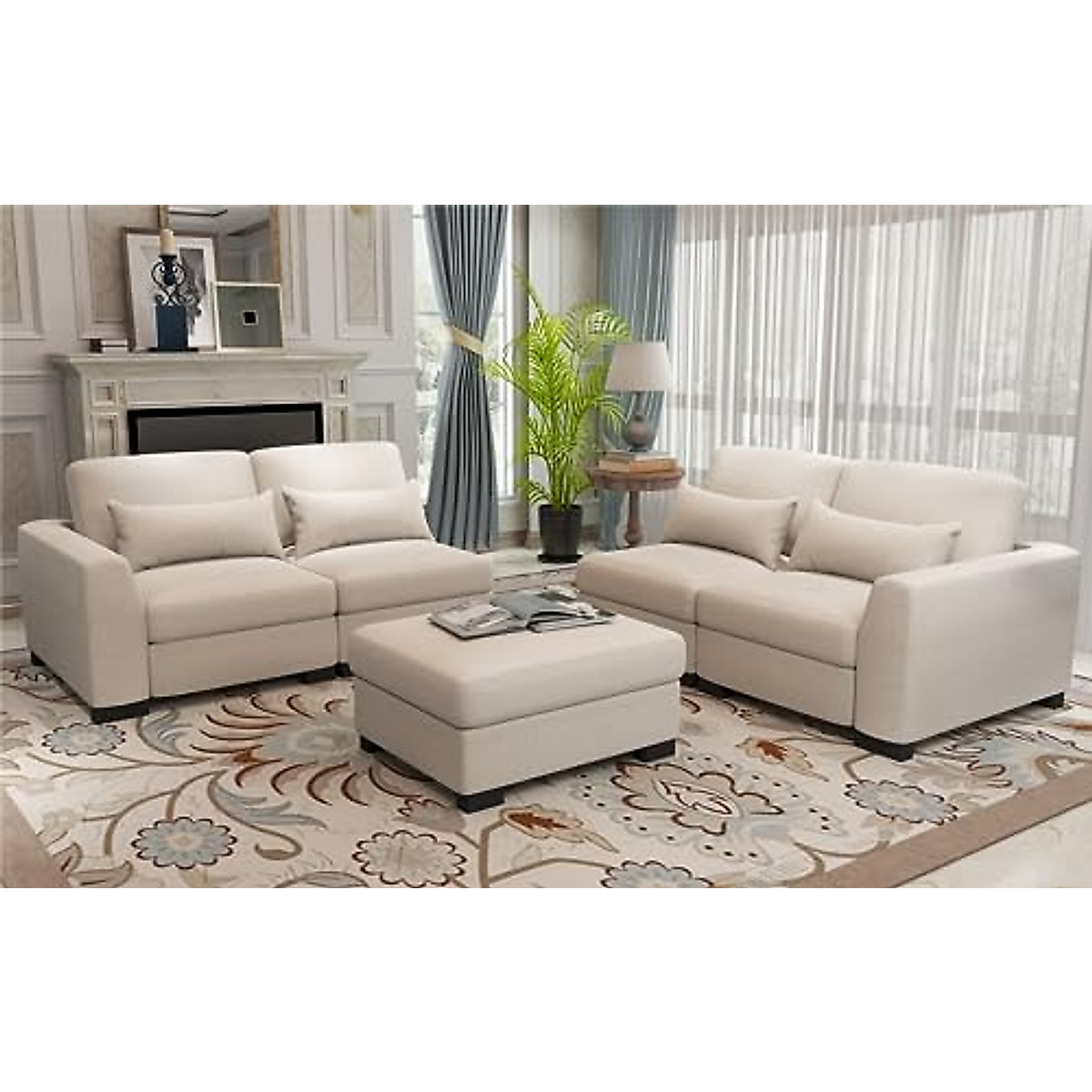Sunrise Coast Modular Sofa Couch 130" Convertible L Shaped Sofas&Couches with Movable Ottoman Sectional, Beige