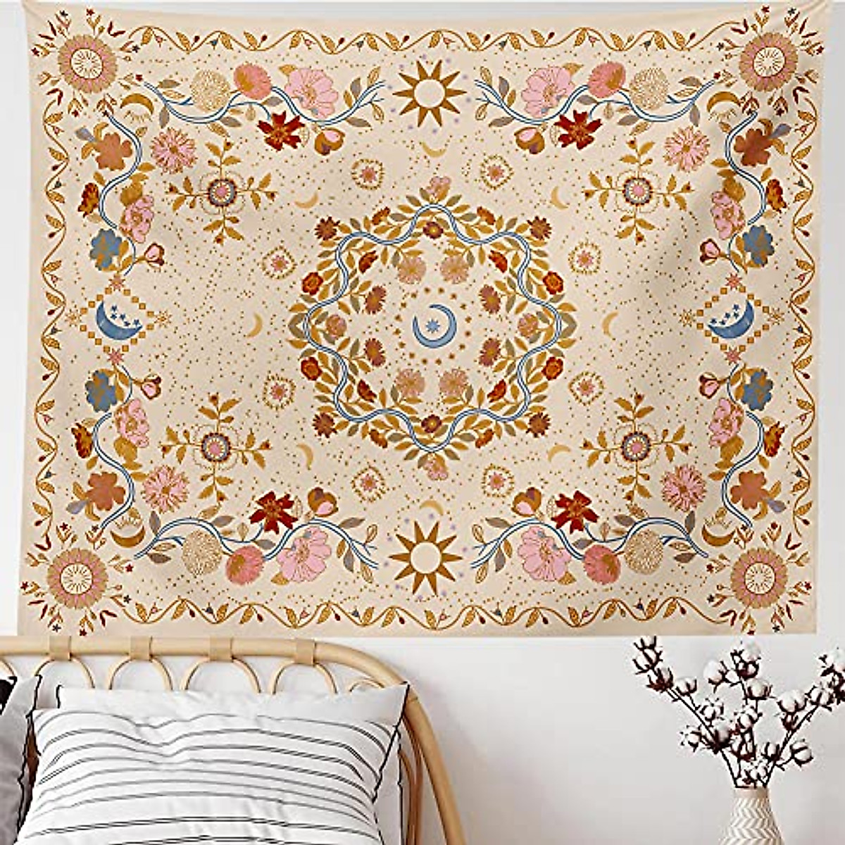 TTYQXZ Wall Tapestry Bohemian - Floral Vine Wall Hanging Celestial Sun Moon and Star Tapestries Hippie Home Decor Boho Tapestry for Bedroom Aesthetic (Cream, Medium (50ʺx 60ʺ))