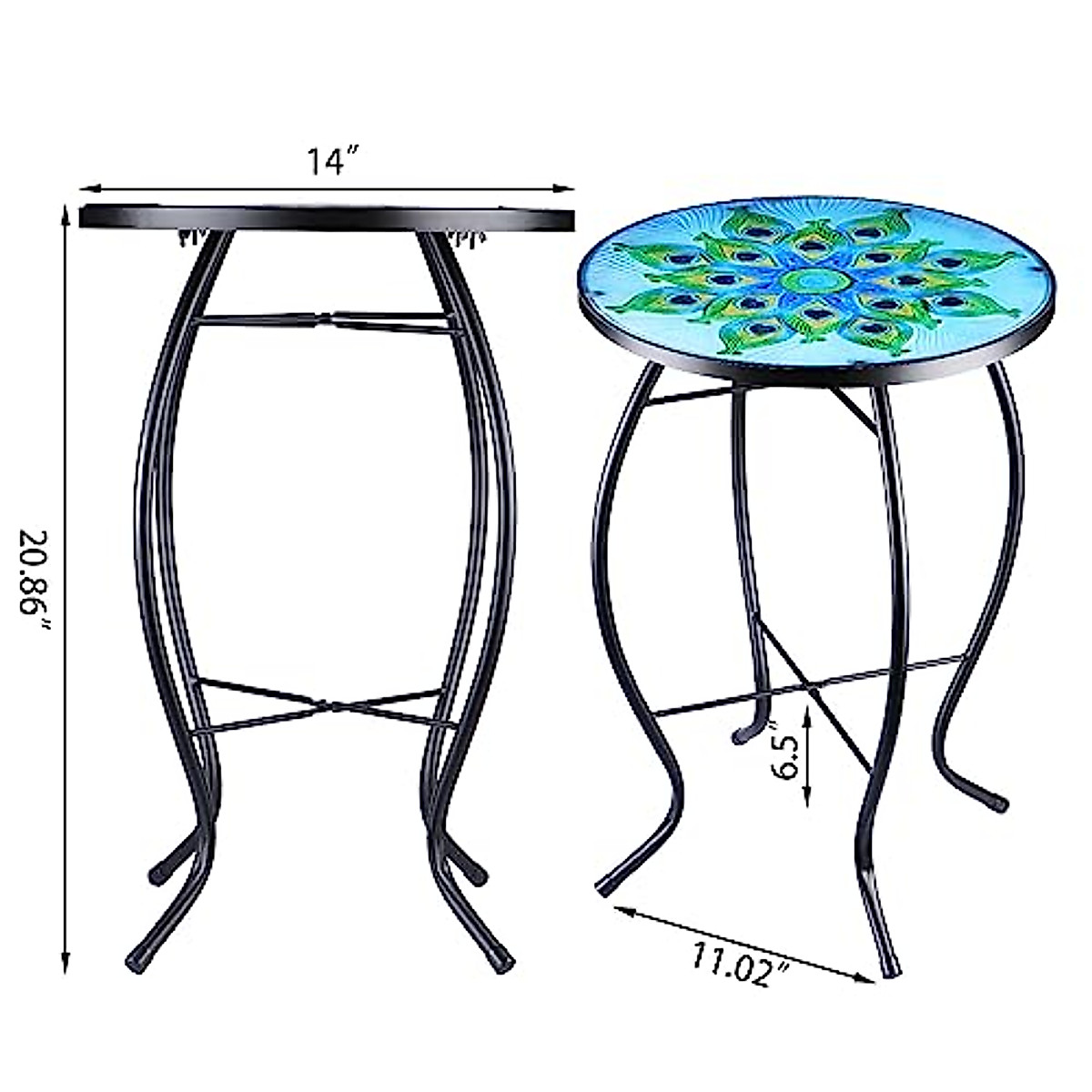 VCUTEKA Patio Side Table Outdoor Coffee Table Mosaic Accent Table Round Small End Table Bistro for Living Room Porch Balcony Backyard Garden Peacock Feather