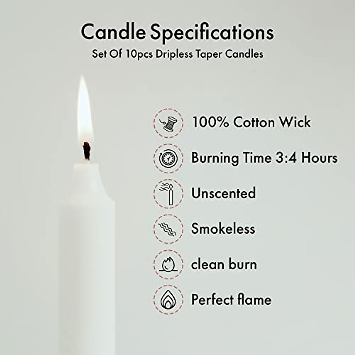 OSHADOW Taper 1/2 inch Candles - Pack of 10 Unscented, 8 Inch Tall Candles - 1/2 inch Candles - Taper Candle - 1/2 inch White candlesticks