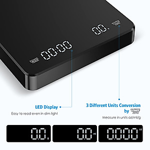 AMIR Digital Kitchen Scale with Timer, Drip Espresso Scale 3kg/0.1g High Precision, Rechargeable Portable Coffee Scale, 3 Units, Tare, Auto Off