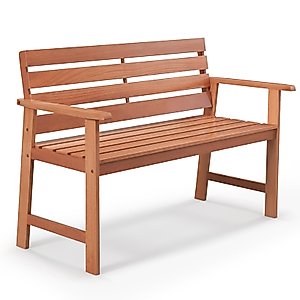 Tangkula 48 Inch Hardwood Patio Bench, Wood 2-Seat Chair with Breathable Slatted Seat & Inclined Backrest, Ergonomic Outdoor Loveseat for Backyard, Balcony, Garden