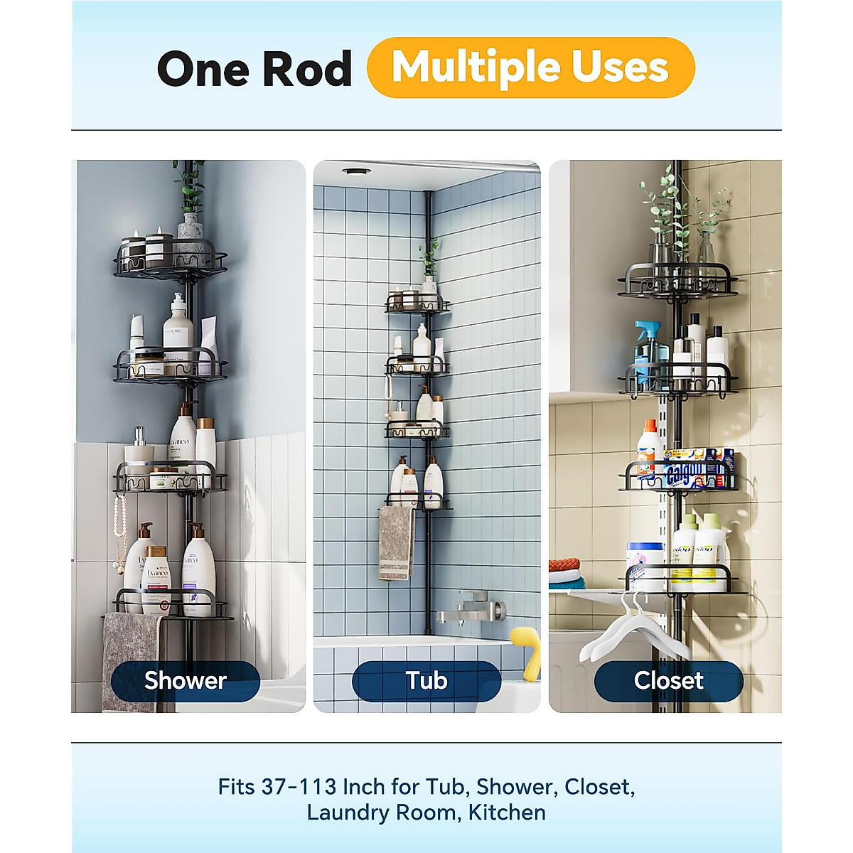 EUHOME Shower Caddy Tension Pole, Corner Shower Caddy Tension Rod 4 Adjustable Shelves Standing Shower Caddy for Bathroom Organizers Storage, Black