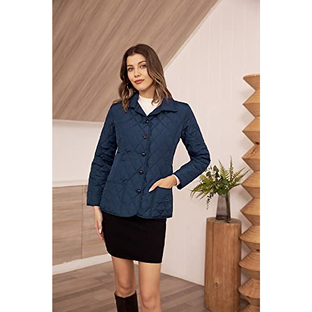 GRACE KARIN Lightweight Quilted Jacket for Women Casual Winter Lapel Coats Long Sleeve Button Down Outwear with Pockets Navy Blue XXL