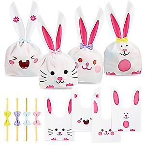 100 Pcs Cute Bunny Long Ear Candy Gift Bags Easter Goodie Bags Easter Bunny Gift Bag Plastic Easter Party Treat Bags with 100 Twist Tie Bow for Party Favors, Wedding Birthday Supplies