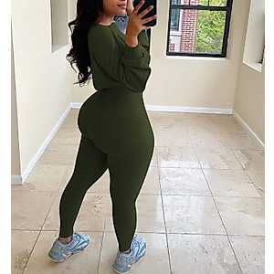 Women Ribbed 2 Piece Outfit Fall Winter Crop Tops Skinny Long Pants Bodycon Tracksuit Sweat Suit Set Jumpsuit Army Green XL
