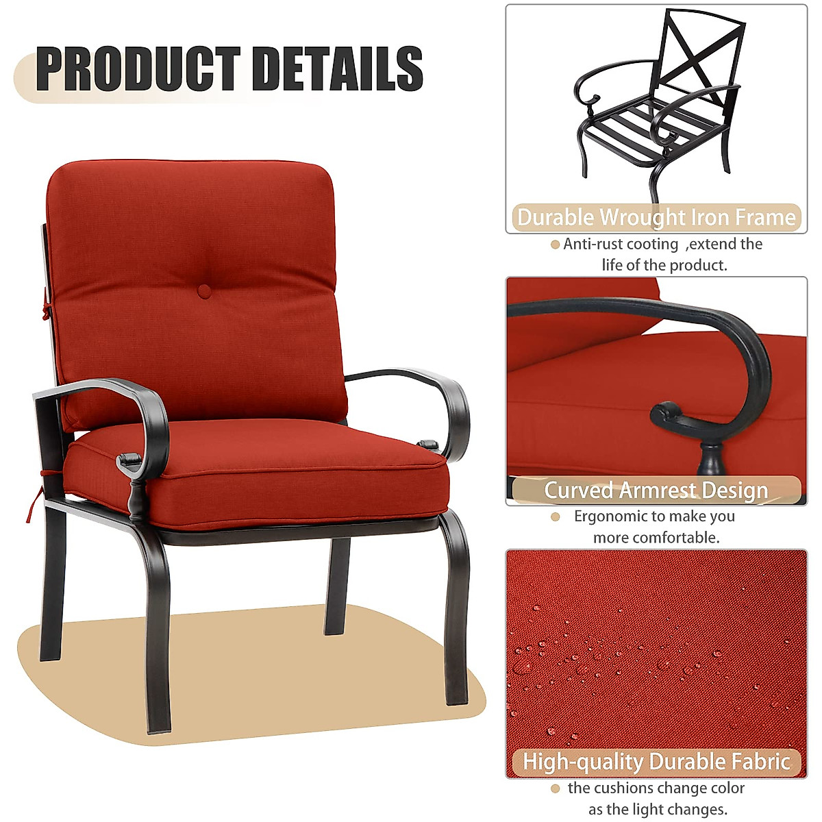 Incbruce Metal Outdoor Dining Chairs Patio Chairs Set of 2, Wrought Iron Chair Steel Frame Restaurant Chair, All-Weather Garden Seating Chair with Arms and Seat Cushions (Red)