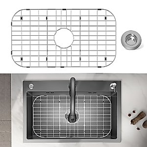 Stainless Steel Sink Protector 26"x14" with Center Drain, Metal Sink Rack for Bottom of Sink, Kitchen Sink Grate and Sink Protectors with Sink Strainer (26" x 14" - Center Drain)