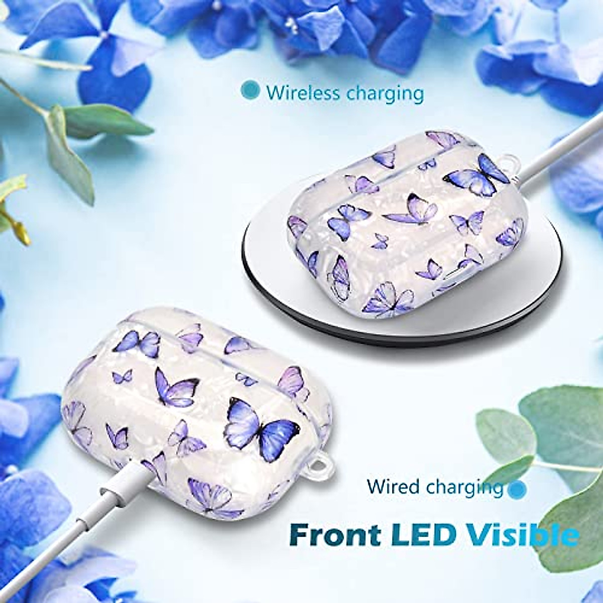 Cute Airpod Case with Butterfly Pendant, Kawaii Dreamy Blue Butterfly Shell Design Soft Shockproof Protective Cover Compatiable with Airpods Pro Case for Girls and Womens