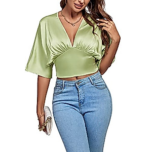 LYANER Women's Satin Deep V Neck Ruched Blouse Shirred Back Batwing Short Sleeve Crop Top Light Green X-Large