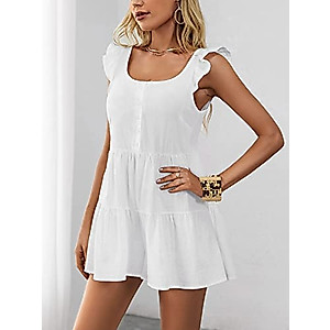 Umenlele Women's Summer Tiered Ruffle Hem Cap Sleeve Short Jumpsuit Romper White Medium