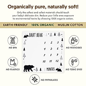 Pondering Pine Organic Baby Monthly Milestone Blanket Boy - Baby Bear Blanket Months with Frame and Newborn Announcement Disc - Baby Boy Age Blanket for 1-12 Month Milestones, 47”x47”