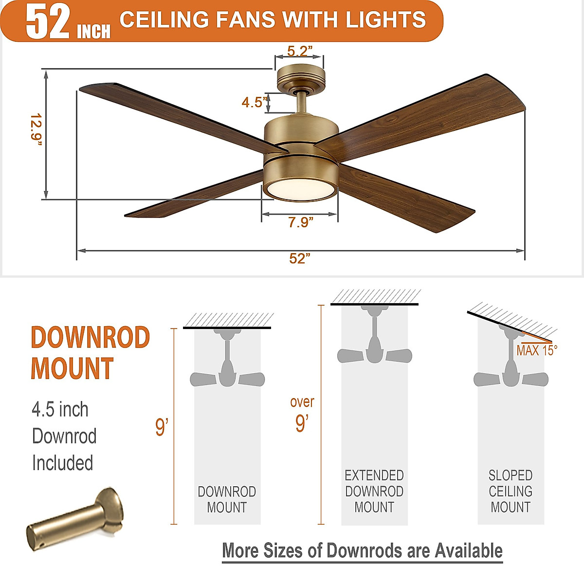 Ceiling Fans with Lights and Remote, 52 Inch Gold Ceiling Fan for Bedroom Living Room, Farmhouse Chandelier Outdoor Ceiling Fan with Light, Reversible 4 Blades, Ventilador de Techo con Luz