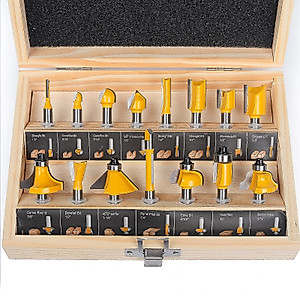 TOOLDO Router Bits 15 Pcs Set with Wooden Box, 1/4 Inch Shank with High-End Carbide Router Bits Kit, for Woodwork Project