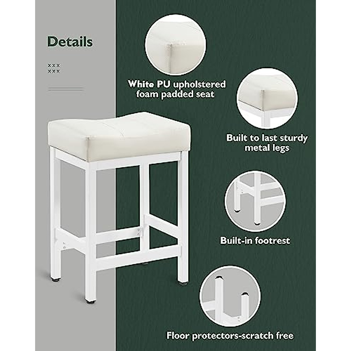 KATDANS Bar Stools Set of 2, 24" Counter Height Saddle Bar Stools, Upholstered PU Leather Bar Stools for Kitchen Island, Mid Century Modern Backless Barstools with Metal Base, KS861P-Cream, 2Pcs
