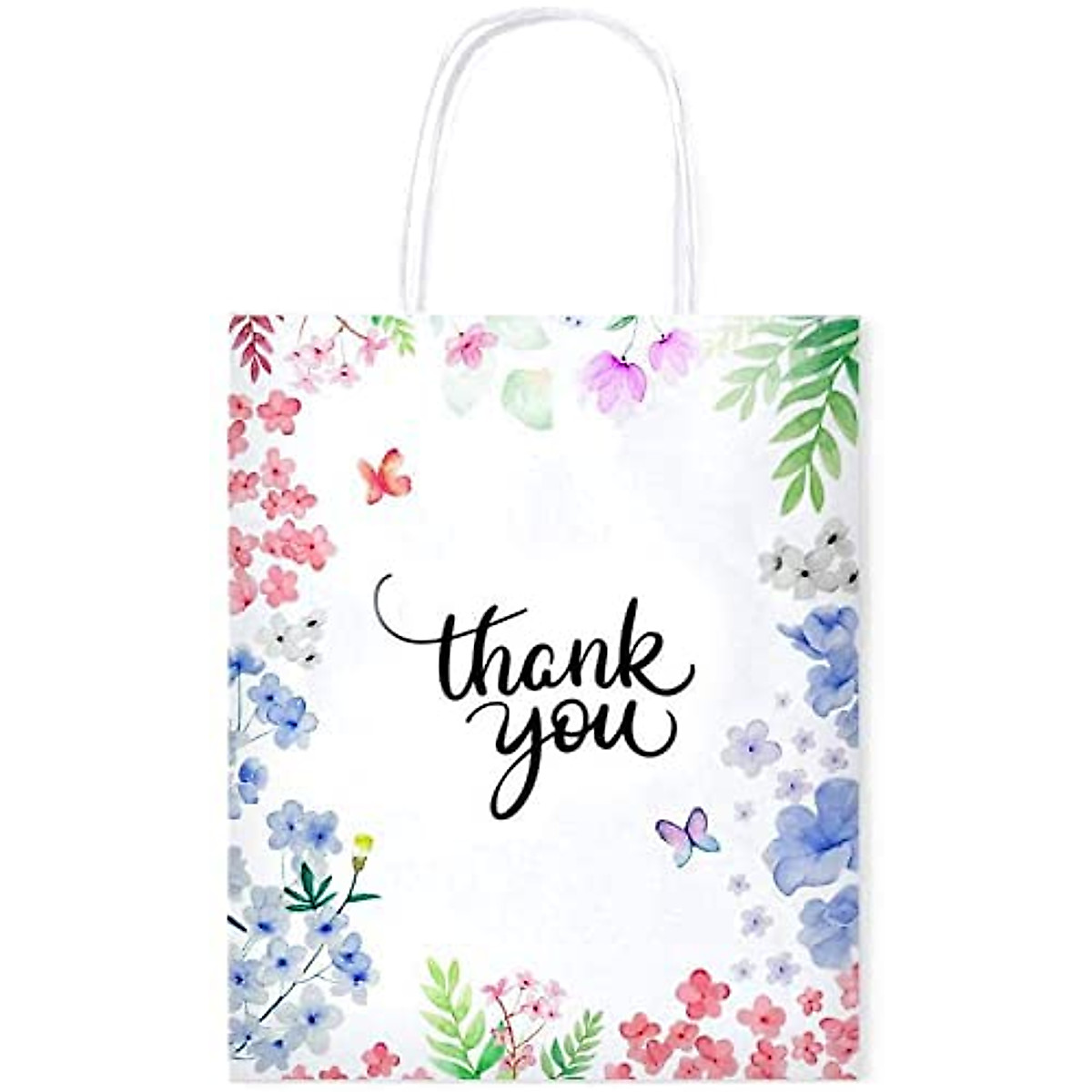 Purple Q Crafts Thank You Gift Bags 50 Pack 8" X 4" X 10" Small Paper Bags With Handles Floral Design Thank You Bags For Business, Boutique, Gifts, Wedding Favors