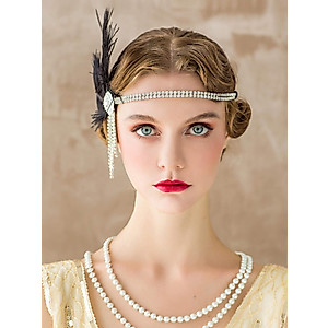 SWEETV Flapper Headbands Womens 1920s Headpiece Great Gatsby Inspired Feather Headband Cocktail Party Rhinestone Hair Accessories for Women, Black
