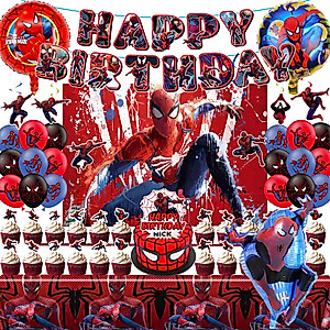 Spider Birthday Party Supplies, Spider Birthday Party Decorations Include Backdrop, Birthday Banner, Hanging Swirls, Spider Balloons, Cupcake Toppers, Tablecloth
