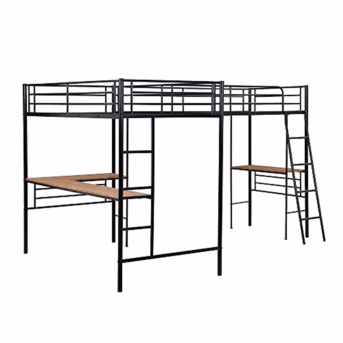 L-Shape Loft Beds with Two Desk Metal Double Twin Loft Beds Frame Heavy-Duty Black Corner Twin Size Lofts Bed for 2 Kids Girls Boys Teens