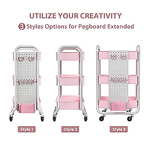 EUREKA ERGONOMIC 3 Tier Rolling Utility Cart, Metal Craft Art Organization Cart Storage Trolley w Handle, Locking Wheels, Pegboard & Storage Basket Hook for Office Kitchen Bathroom Laundry Room, Pink