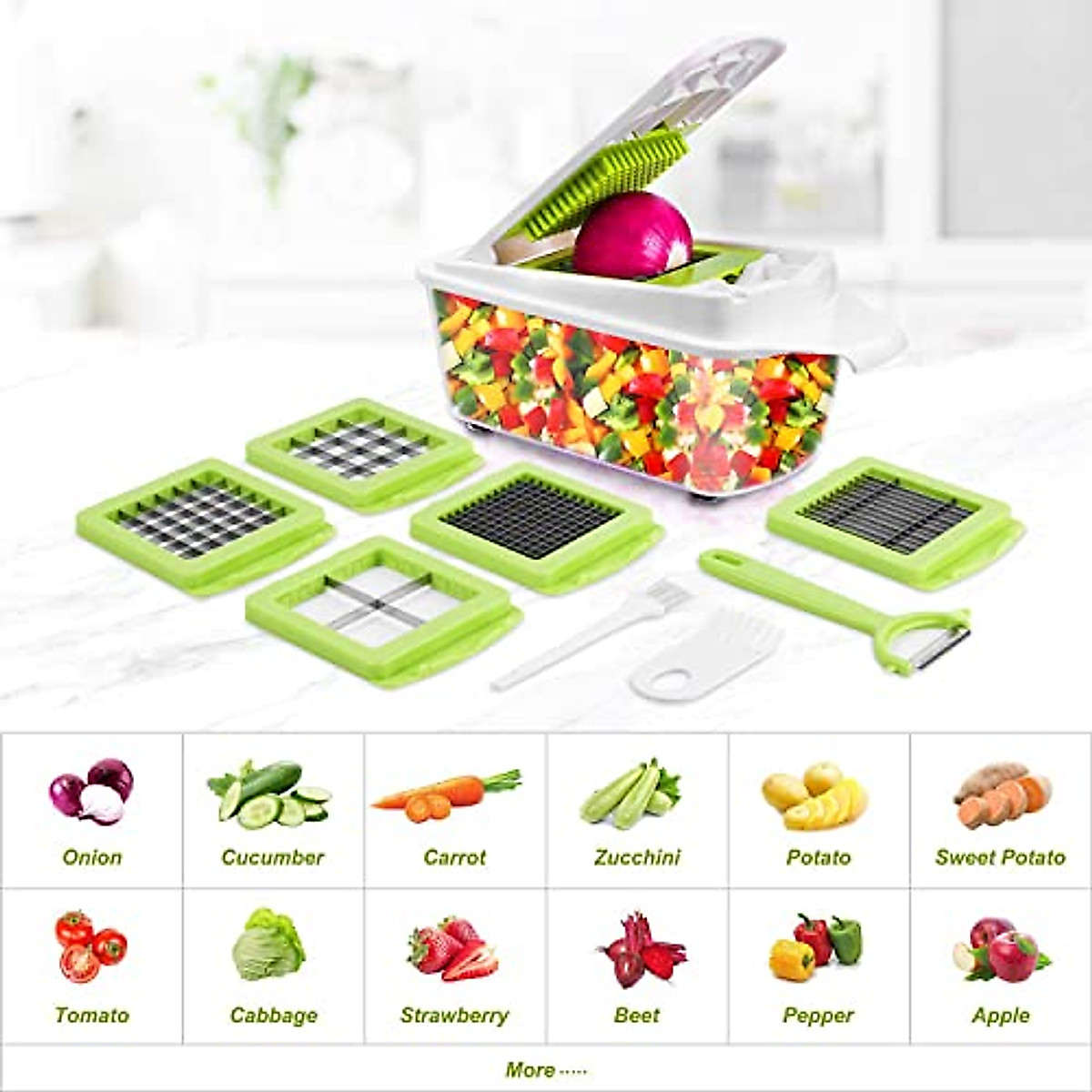 Food Dicer 5 Blades, Onion Dicer Chopper, Kitchen Chopper, Fruit and Veggie Chopper for Vegetables Chopper, Food Prep Chopper, Light Green