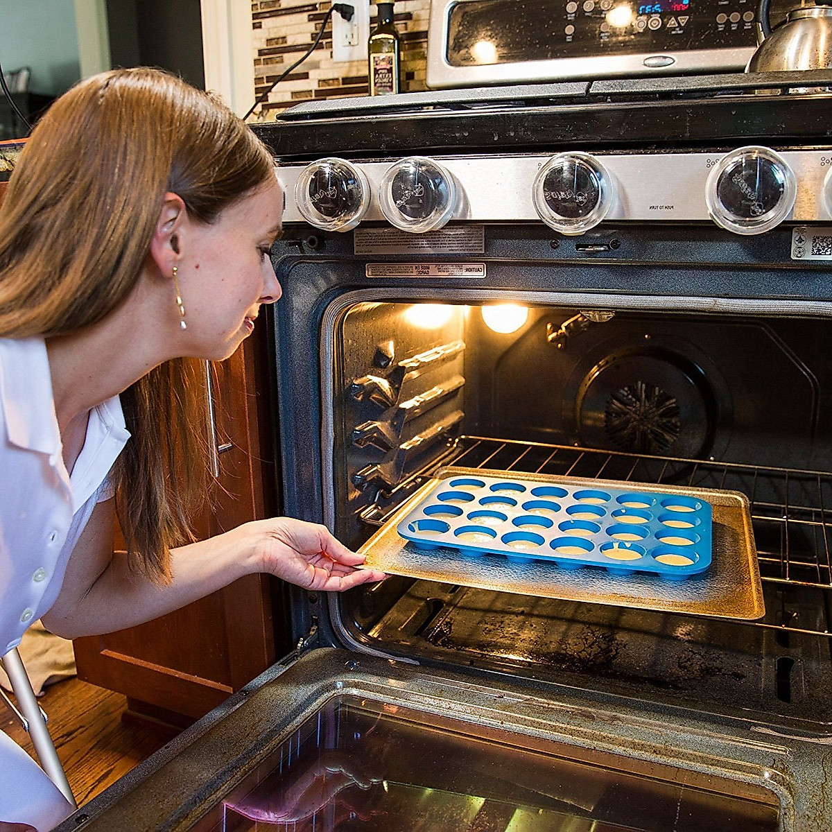 Amison Mini Muffin Pan 24 Cups, 2 Packs Silicone Cookies Cupcake Bakeware Tin Soap Tray Mould Non stick, BPA-free, Dishwasher Safe (Blue)
